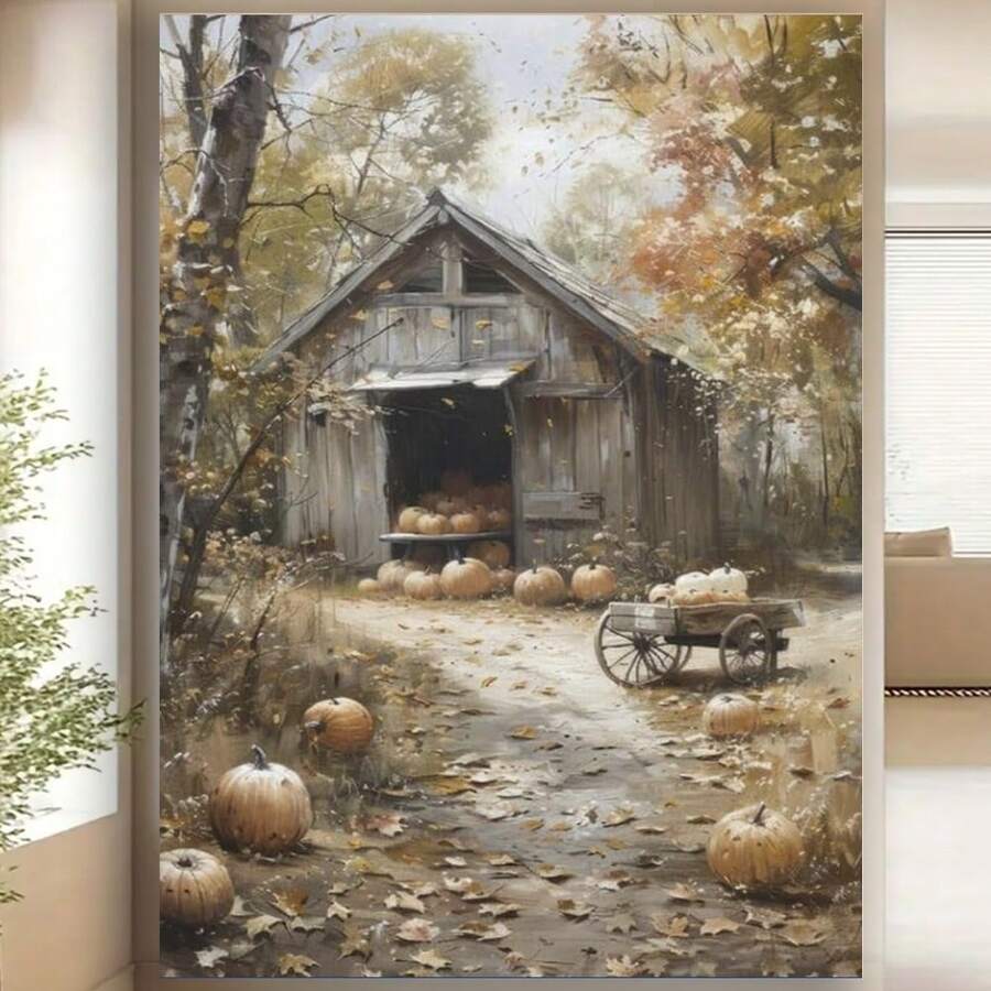 Framed Fall Wall Decor Farmhouse Pumpkin Barn Fall Canvas Art Poster ...
