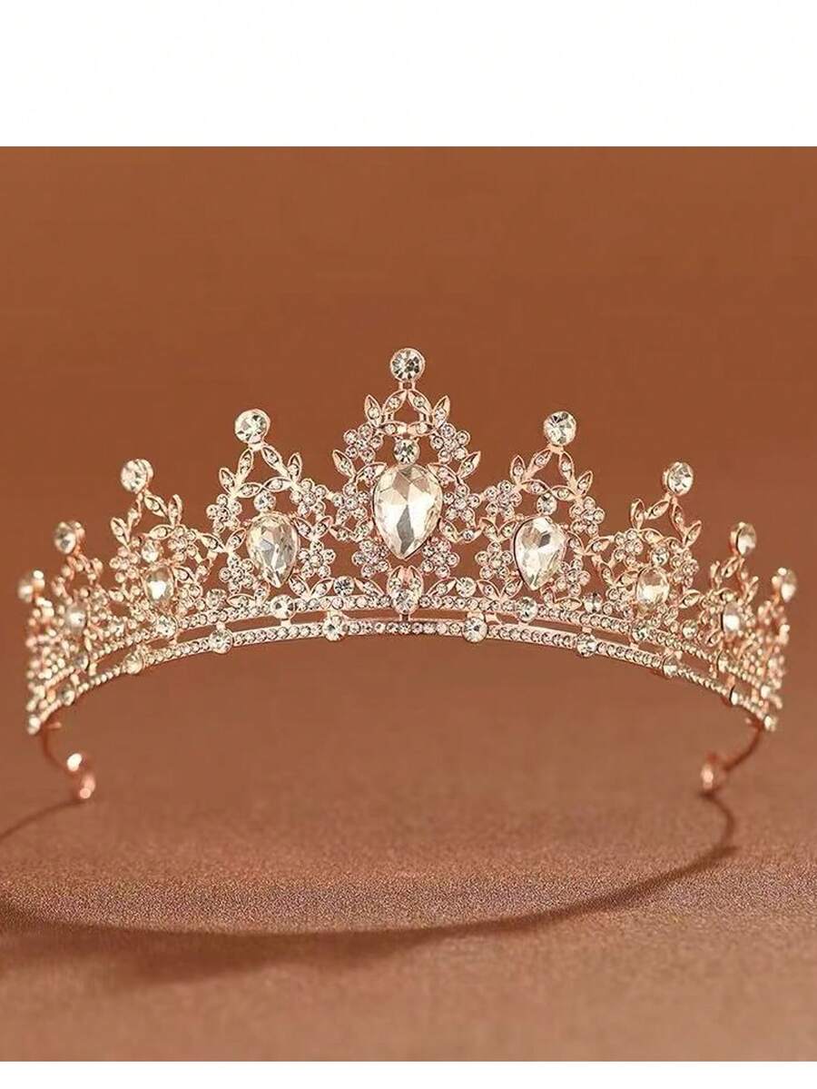 1pc Luxury Alloy Crystal Crown, Rose Gold Color Rhinestone Bridal Crown ...