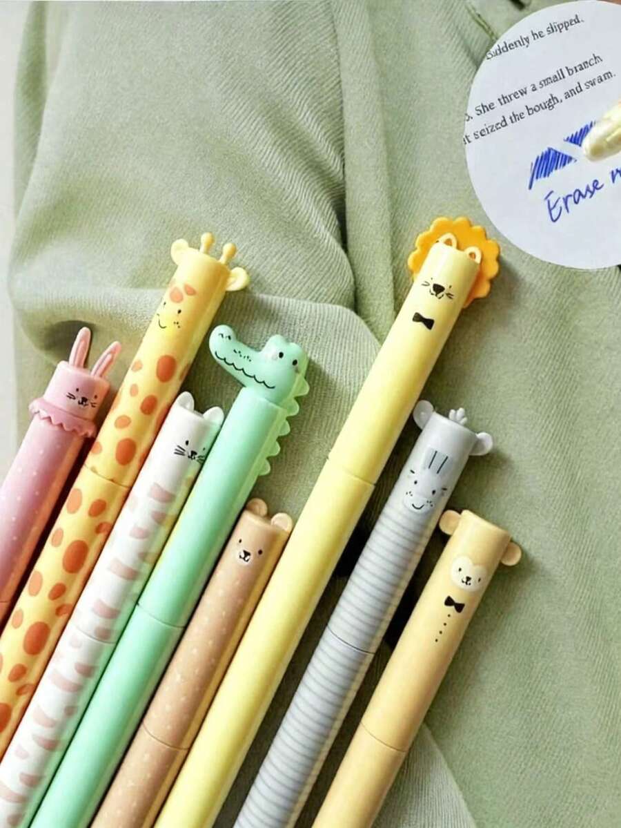 8pcs Cute Zoo Theme Erasable Gel Pens, Blue Ink Pen With Eraser Clear ...