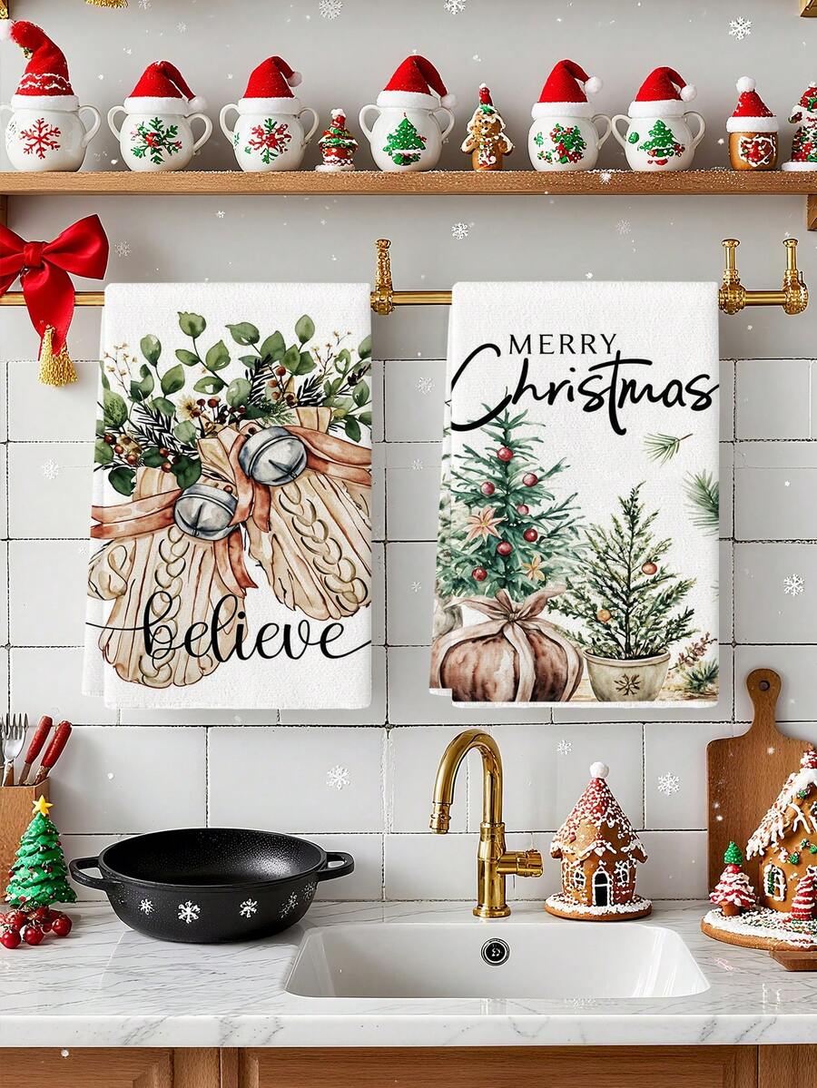 2 Pcs Christmas Mitten Kitchen Towels Funny Christmas Tree Microfiber ...