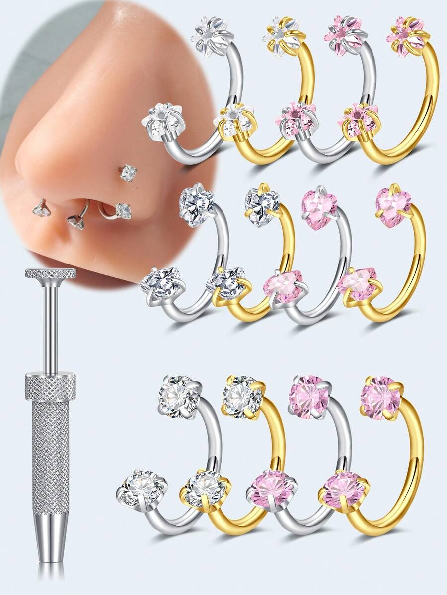 18G 3pcs Horseshoe Nose Rings Studs , Stainless Steel Double Cubic ...
