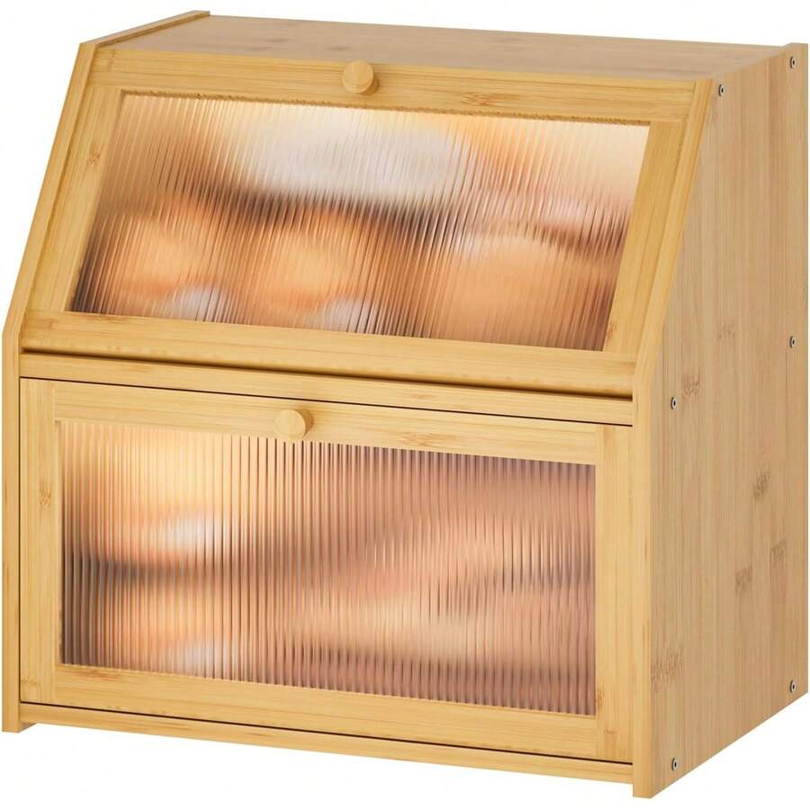 Extra Large Bread Box For Kitchen Counter, Bamboo Wood Double Layer ...