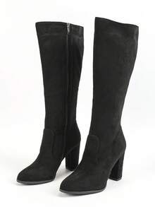 Women's Knee High Suede Round Toe Boots-Chunky Block Heeled Boots Side ...