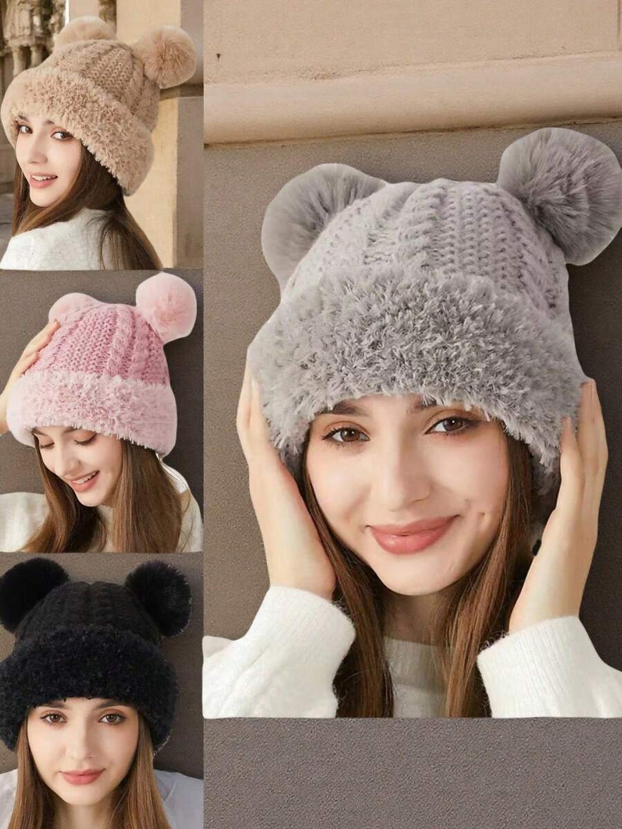 1PC Cute Furry Cap, Acrylic Knitted Small Bear Plush Hat For Women ...