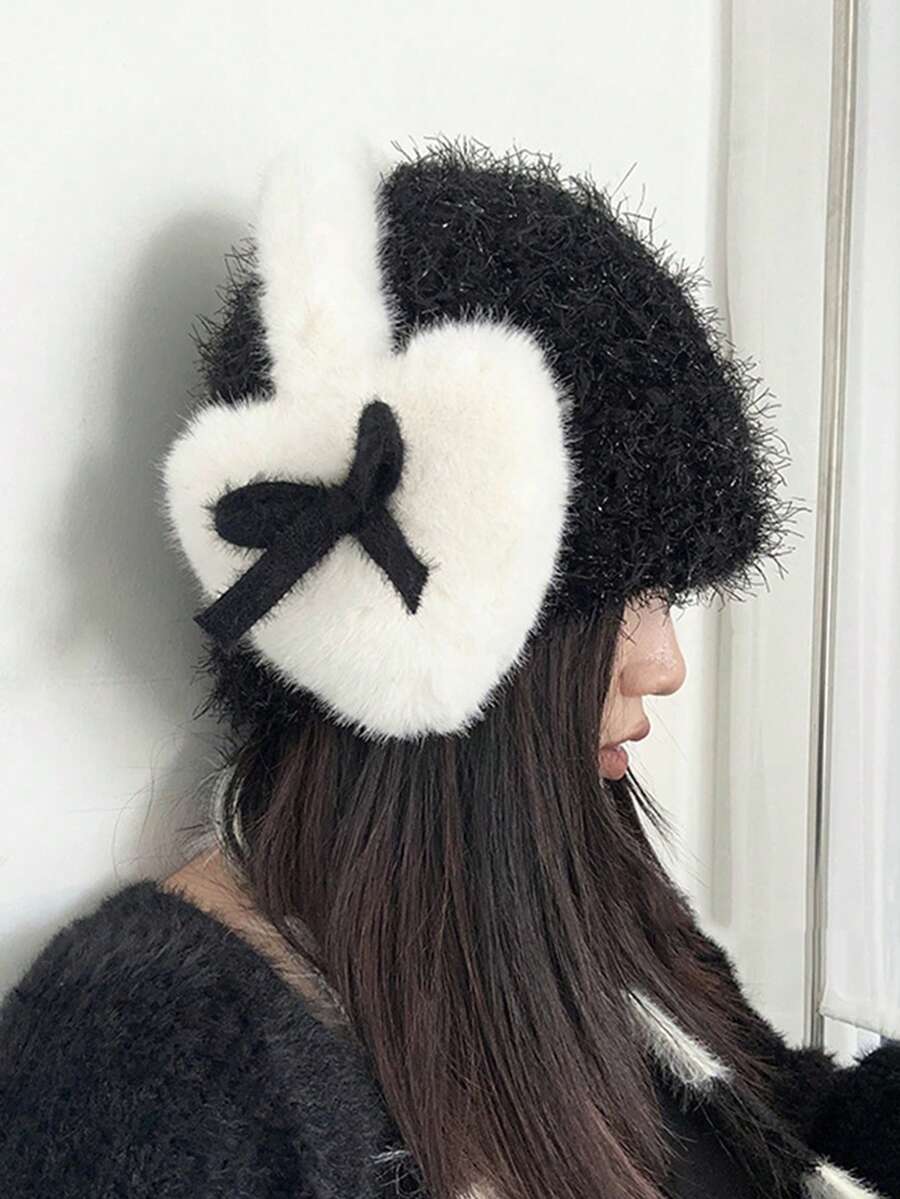 1pc Autumn/Winter Plush Bow & Heart Earmuffs, Fleece Lined Thick Cold ...