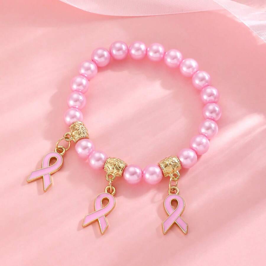 1pc Pink Ribbon Breast Cancer Awareness Faux Pearl & Rhinestone Beaded ...