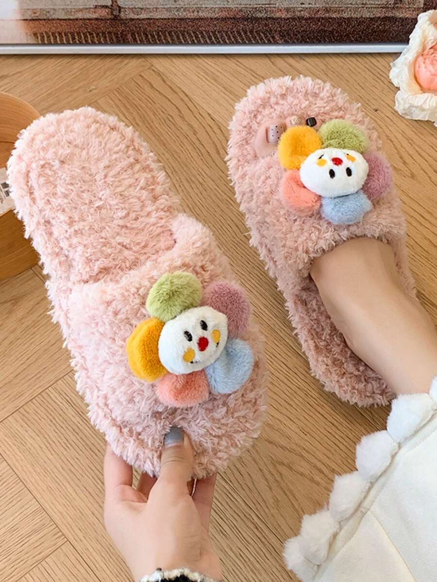 A Pair Of Girls' Autumn And Winter Pure Color Home Slippers With Floral ...