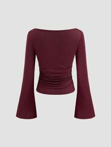 Trioutop Burgundy Pleated Boat Neck Fitted Elegant Long Sleeve Top ...
