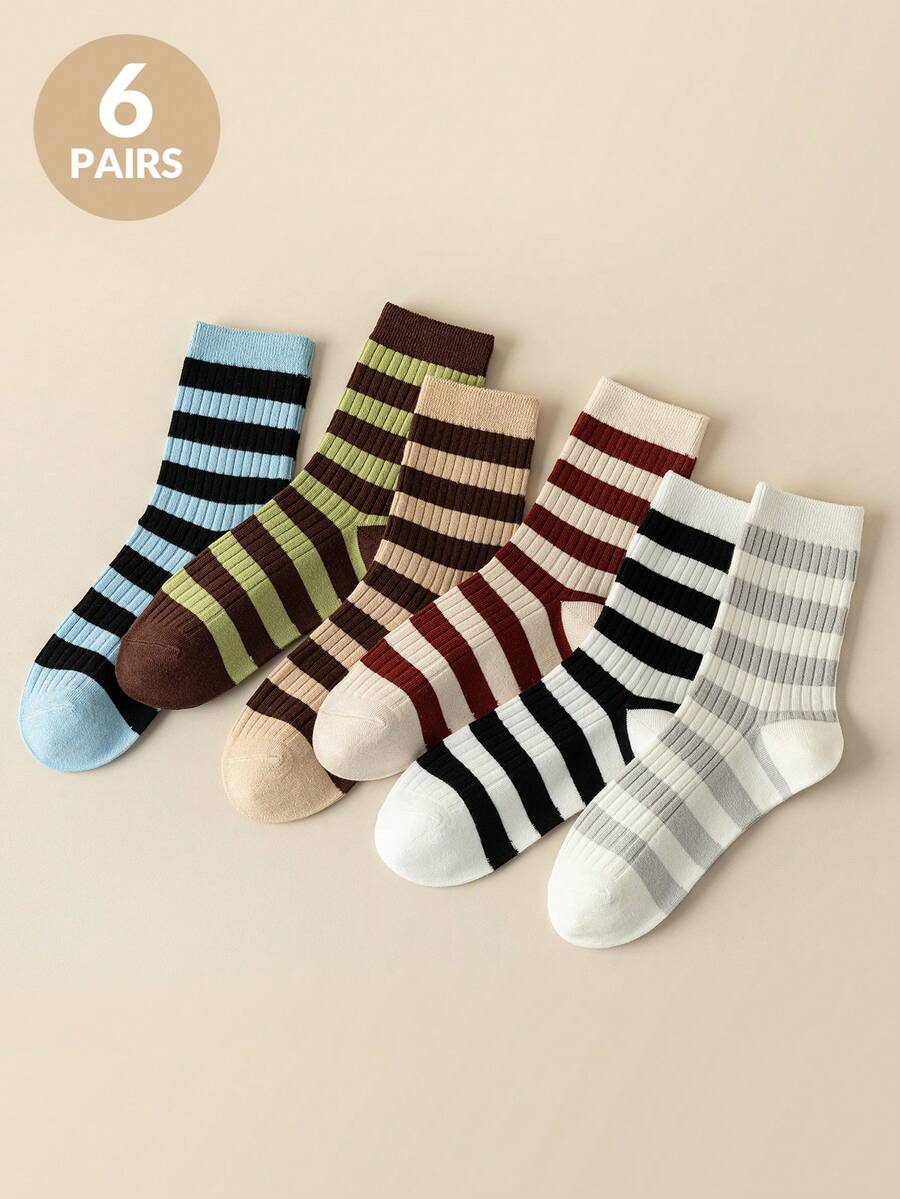 1/6 Pairs Women's Vintage Colorblock Striped Mid-Calf Socks ...