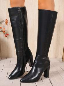 Botas altas con puntera puntiaguda y tacón grueso para mujer, pernera ...