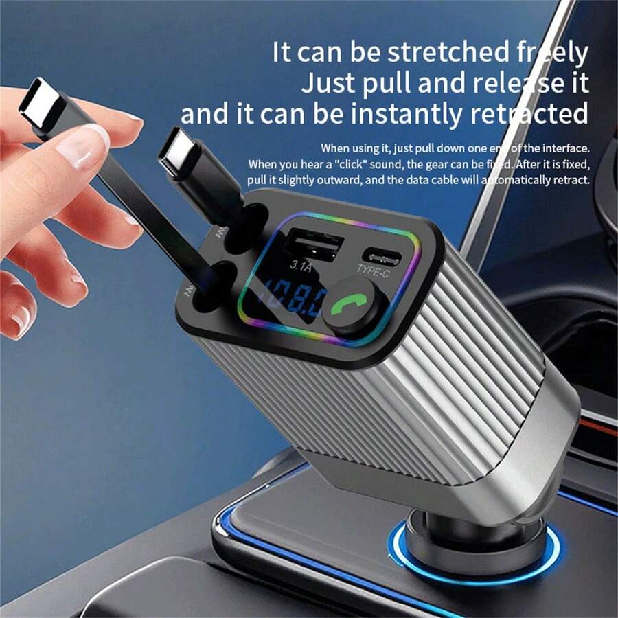 Car Bluetooth 5.3 FM Transmitter 4 In 1 Retractable USB PD Dual Type C ...