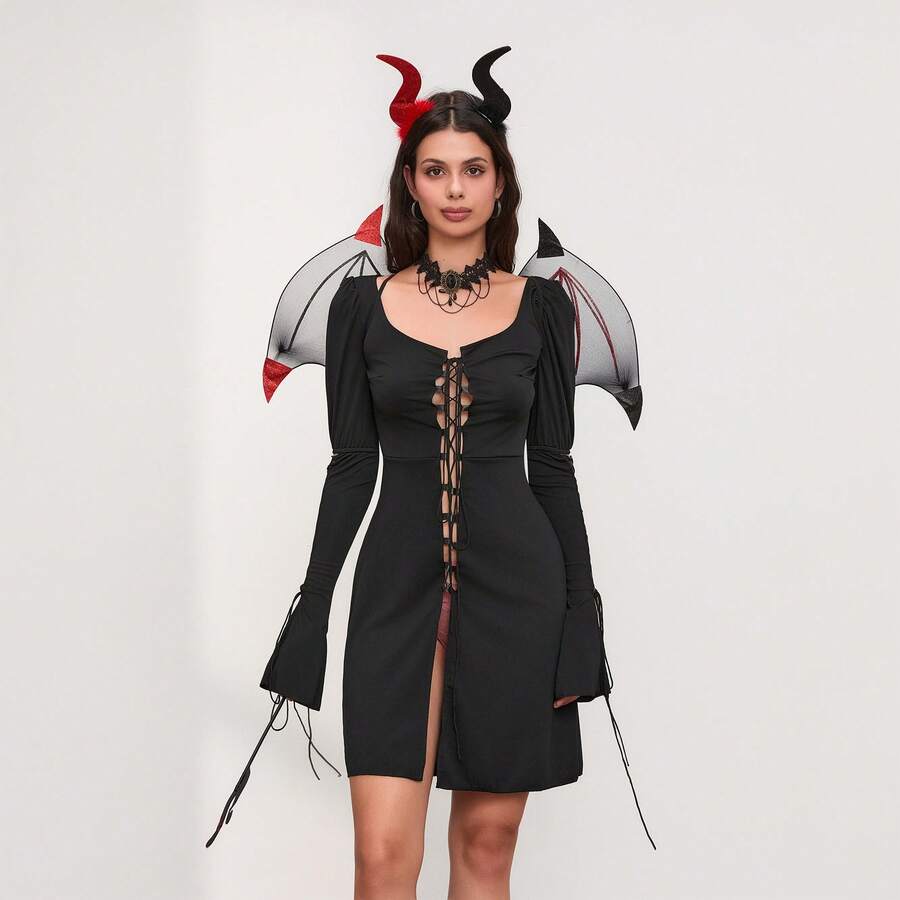 Women Halloween Devil Costume Tie Front Dress With Collar Necklace Set ...