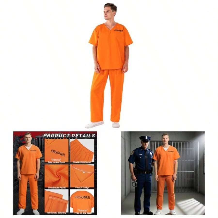 Prisoner Costume Adult Prison Jumpsuit Orange Uniform Jail Pants Inmate ...