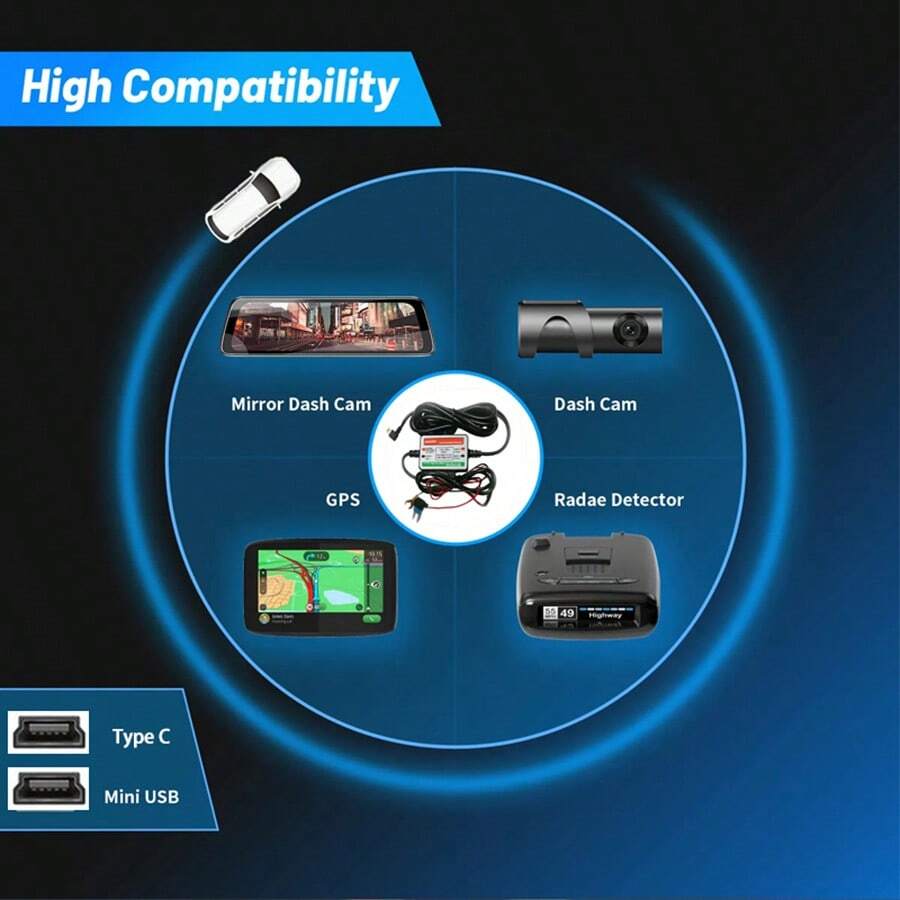 Dash Cam Hard Wire Kit Micro Type-C USB Ports DC 12/24V To 5V Car ...