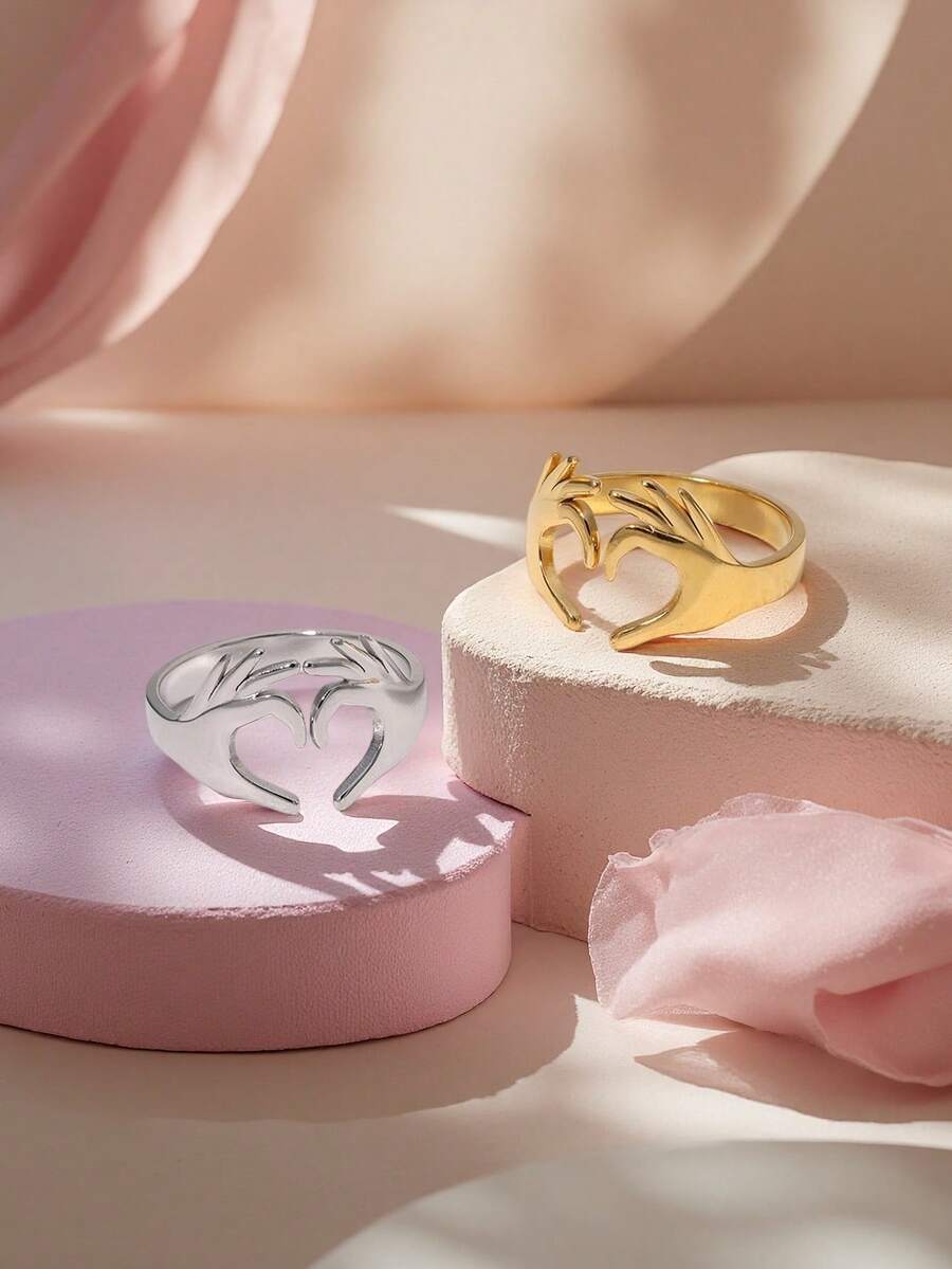 1-2pcs Women Elegant Heart & Hand Design Rings, Chic Fashion Jewelry ...