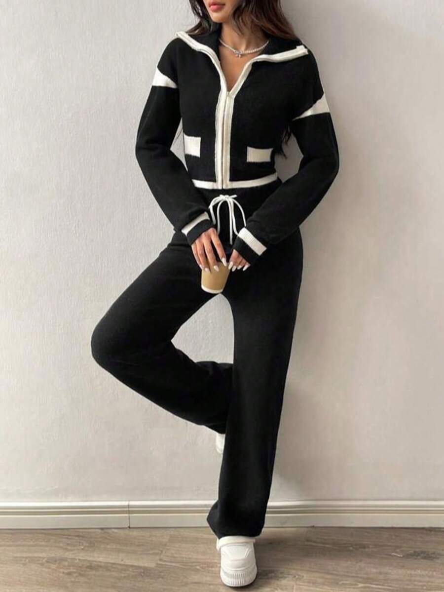 Women's Casual Color-Blocked Cardigan And Pants Two-Piece Knitted Set ...
