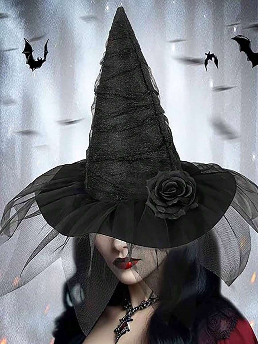 1pc Black Mesh Rose Witch Hat, Halloween Costume, Stage Performance ...