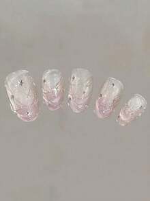 10pcs Tassel Star Ombre Cat Eye Oval Nail Tips, Pink Purple Cute Sweet ...