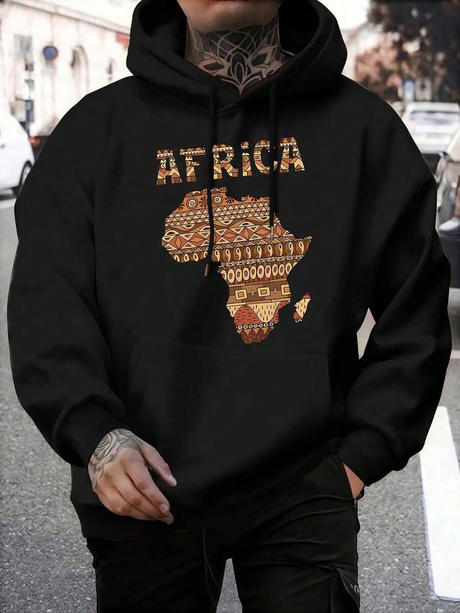 Men'S Casual Africa Map Print Hoodie - Winter Streetwear With Bold Red ...