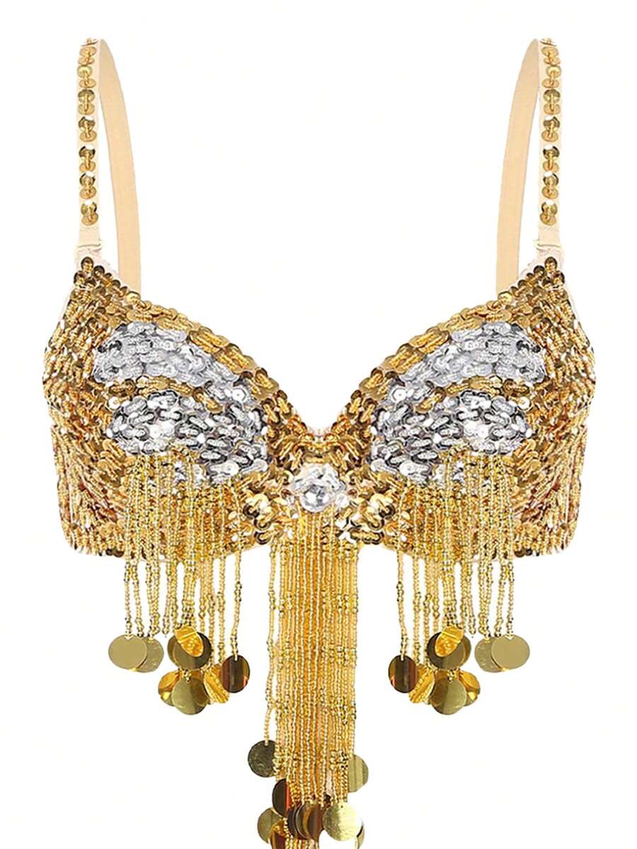 Women Sexy Belly Dance Sequin Beaded Bra Top Belly Dancing Costume ...