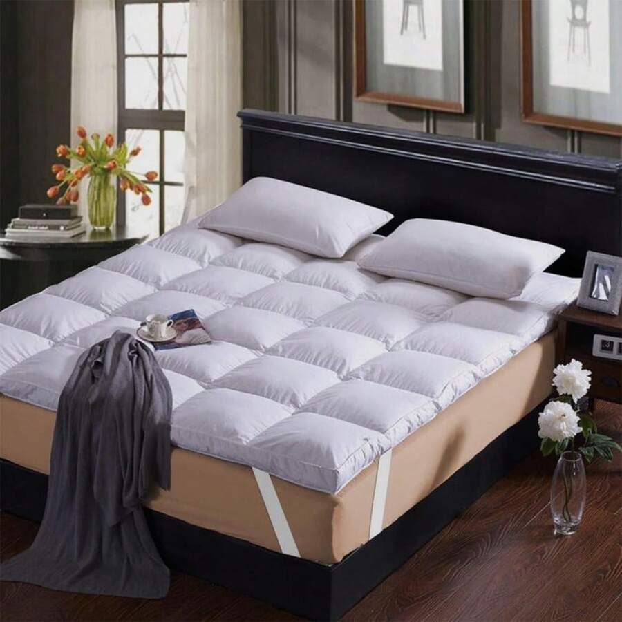 Thick Mattress Topper & Goose/Duck Feather Pillows Set - Hypoallergenic ...