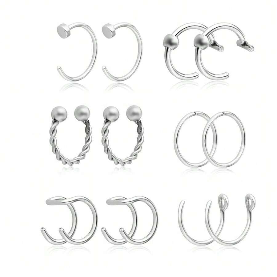 Faux Nose Rings Hoops Set, 12Pcs Stainless Steel Fake Nose Lip Ear ...