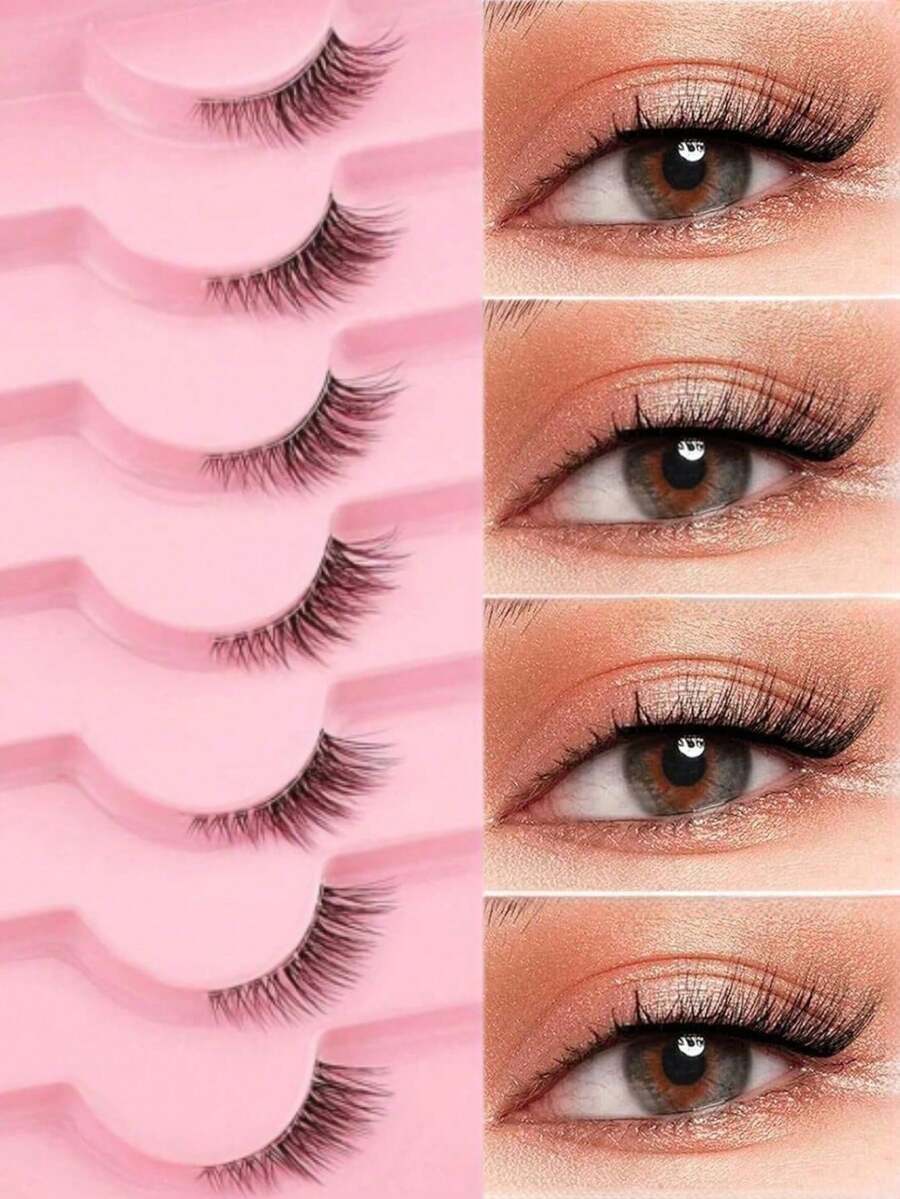 7 Pairs Half Lashes Natural Look With Clear Band Wispy Fluffy Cat Eye ...