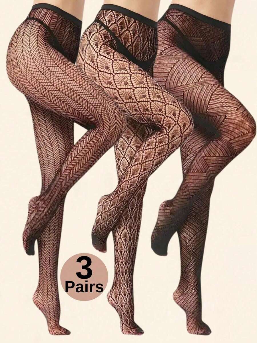 3 Pairs Women's Black Fishnet Leggings, Hollow High Waist Fishnet ...