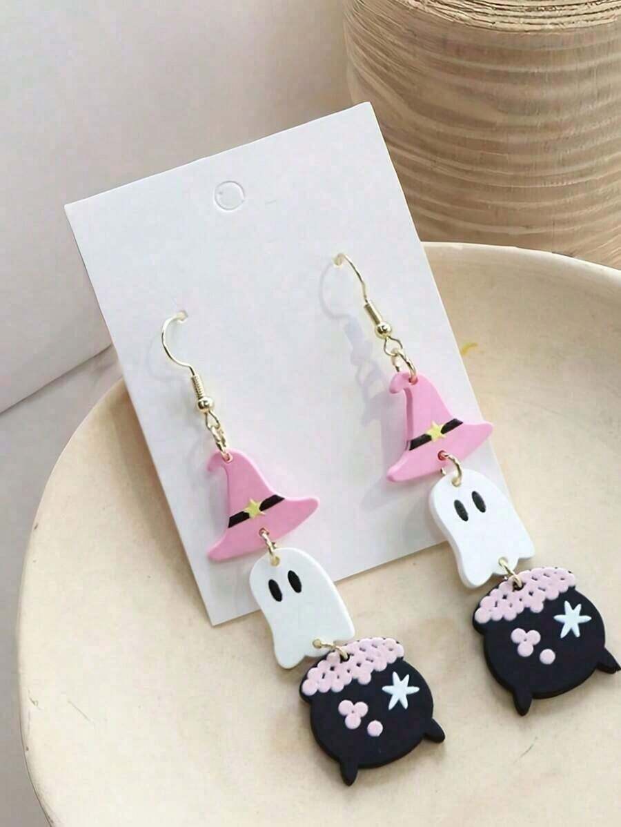 1 Pair Of Women's Halloween Hats And Ghost Printed Clay Pendant ...