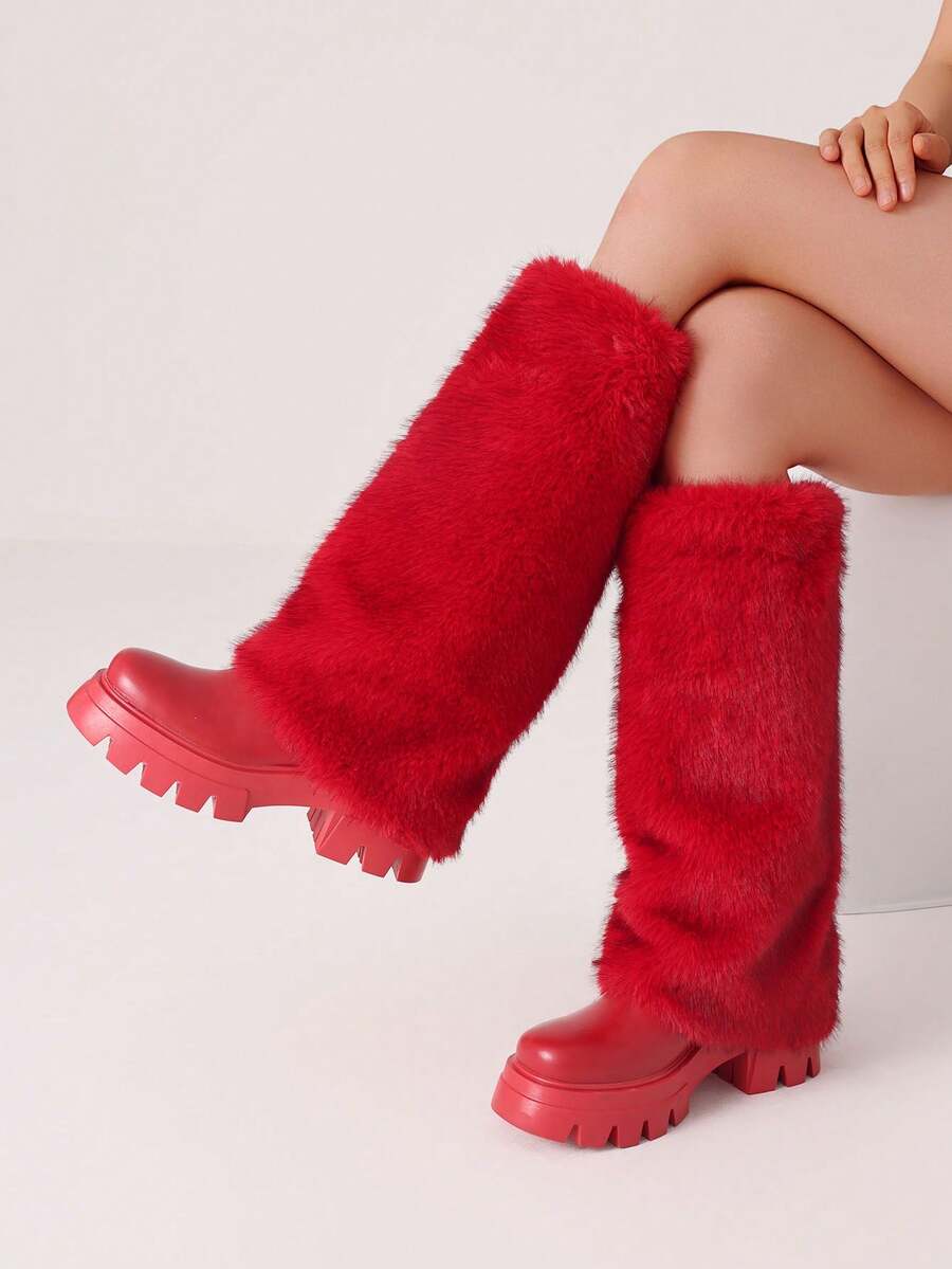 Women's Y2K Furry Fluffy Fold Over Knee High Shark Snow Boots Fashion ...