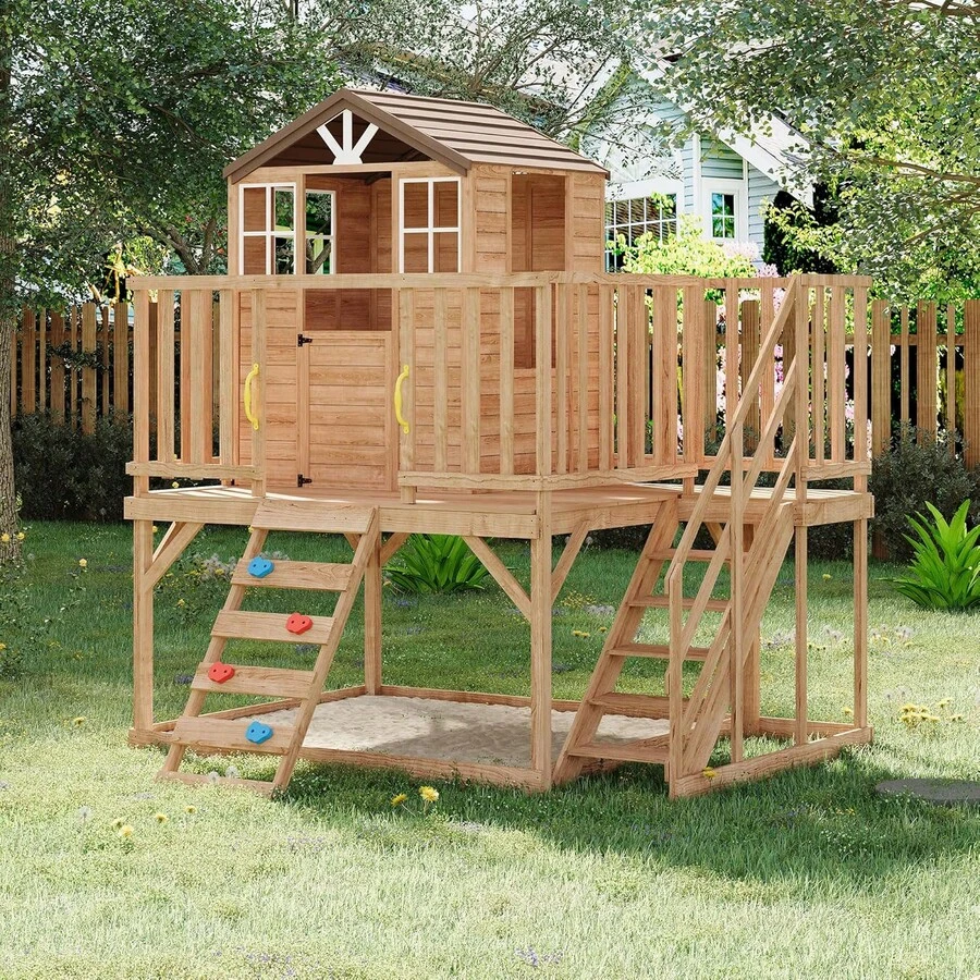 Outdoor Playhouse With Climbing Wall, 2 Story Wooden Playhouse With ...
