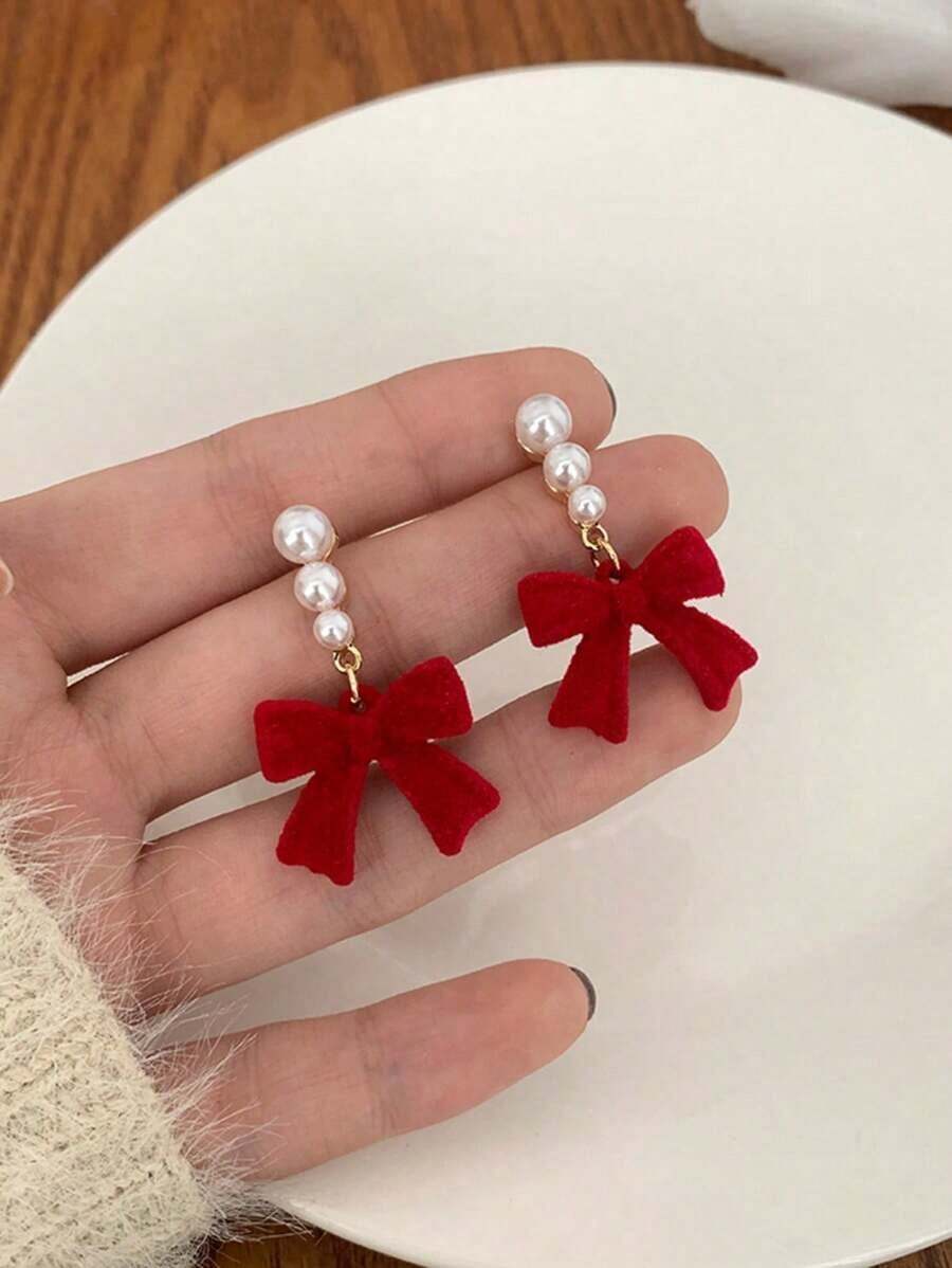 1 Pair Red Fuzzy Faux Pearl Bow Sweet Retro Fashion Elegant Earrings ...