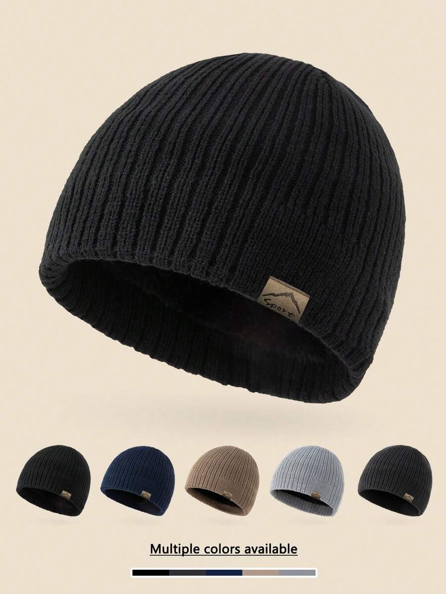 1pc Unisex Mountain Peak Sport Leather Patch Knit Beanie Hat, Warm Thick Soft Comfortable Casual ...