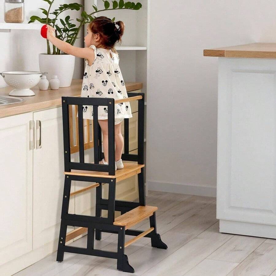 Kitchen Step Stool Helper - Wooden Standing Tower With Anti - Tip ...