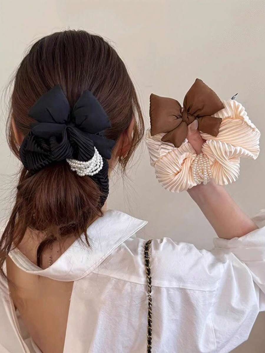 1pc Soft Pearl Beaded 3D Bow Scrunchie, Versatile Cute Messy Bun Hair ...