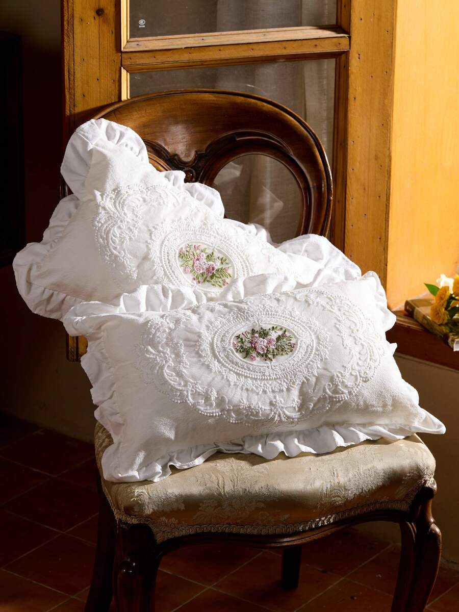 Cirelle 1pc Floral Embroidered Ruffle Trim Cushion Cover Without Filler ...