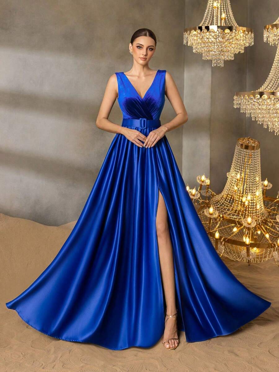 Faeriesty Vestido de noche elegante con tirantes gruesos, escote en V y ...
