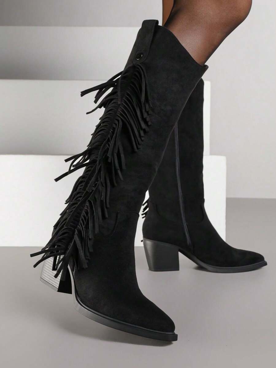 Botas vaqueras de tacón alto con parte superior con flecos | Mode de ...