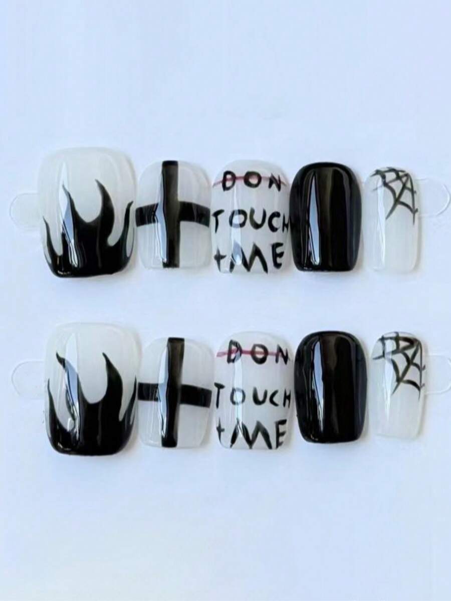 10pcs Pure Handmade Press On Nails Short Nails Square Nails Black And ...