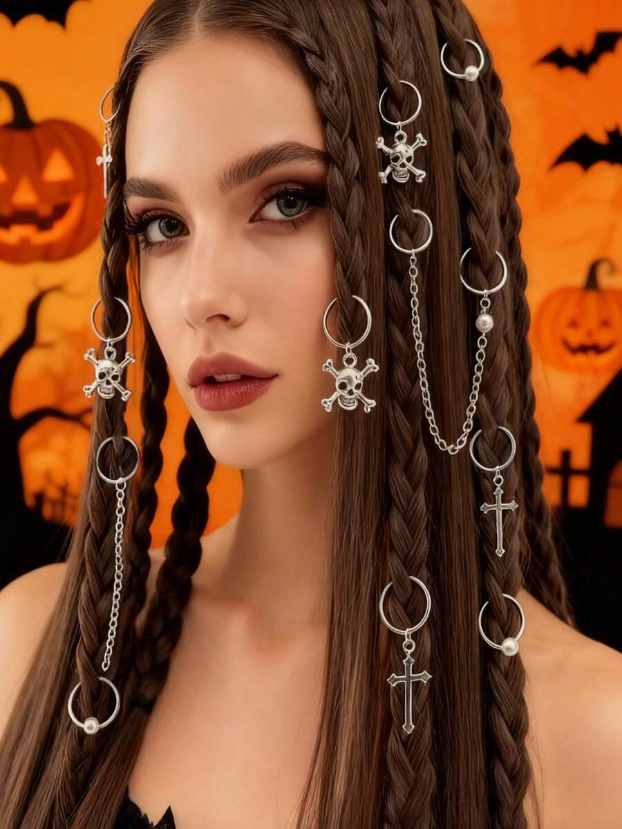 13pcs Cross And Skull Decorated Braid Bead Clips, Loc Hair Jewelry For ...