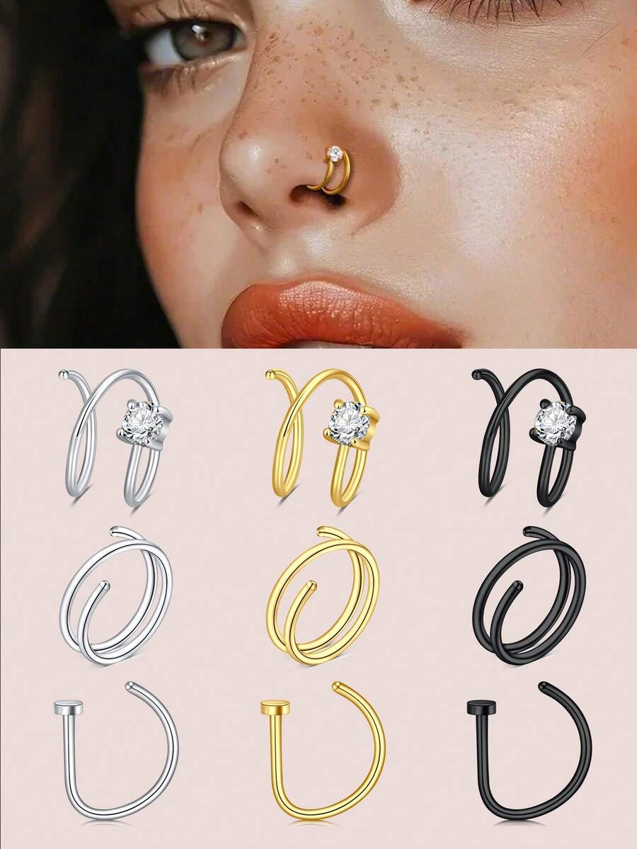 3PCS 20G Double Nose Ring Hoop For Single Piercing 316L Surgical Steel ...