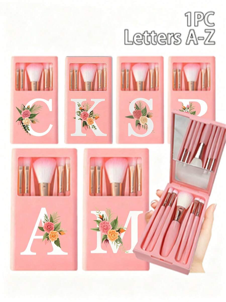 1 Set Of Five Portable Makeup Brushes Set With Mirror, Rose Print White ...
