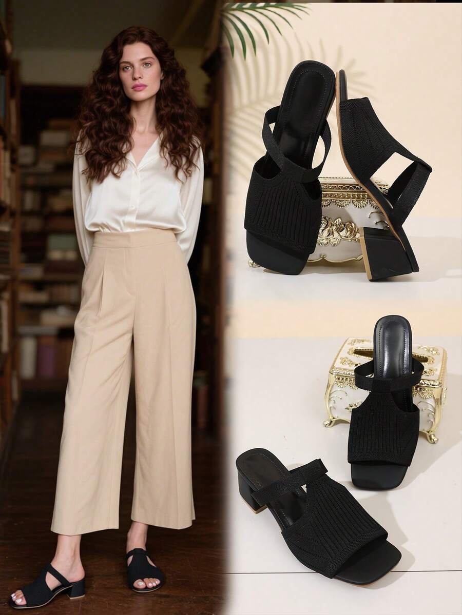 1 Pair Teens' Solid Color Leather Square Toe Low Heel Sandals, Suitable ...