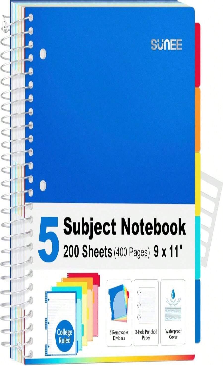 SUNEE 5 Subject Notebook College Ruled - 400 Pages, 9"X11", 5 Pocket ...