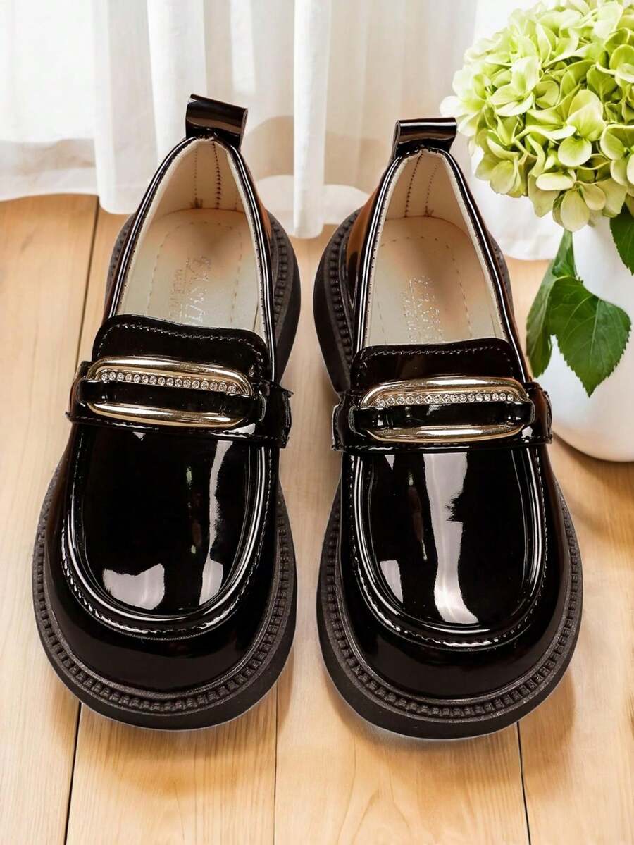 1 Pair Black Patent Leather Girls' Loafers & Oxford Shoes, Gold Metal ...