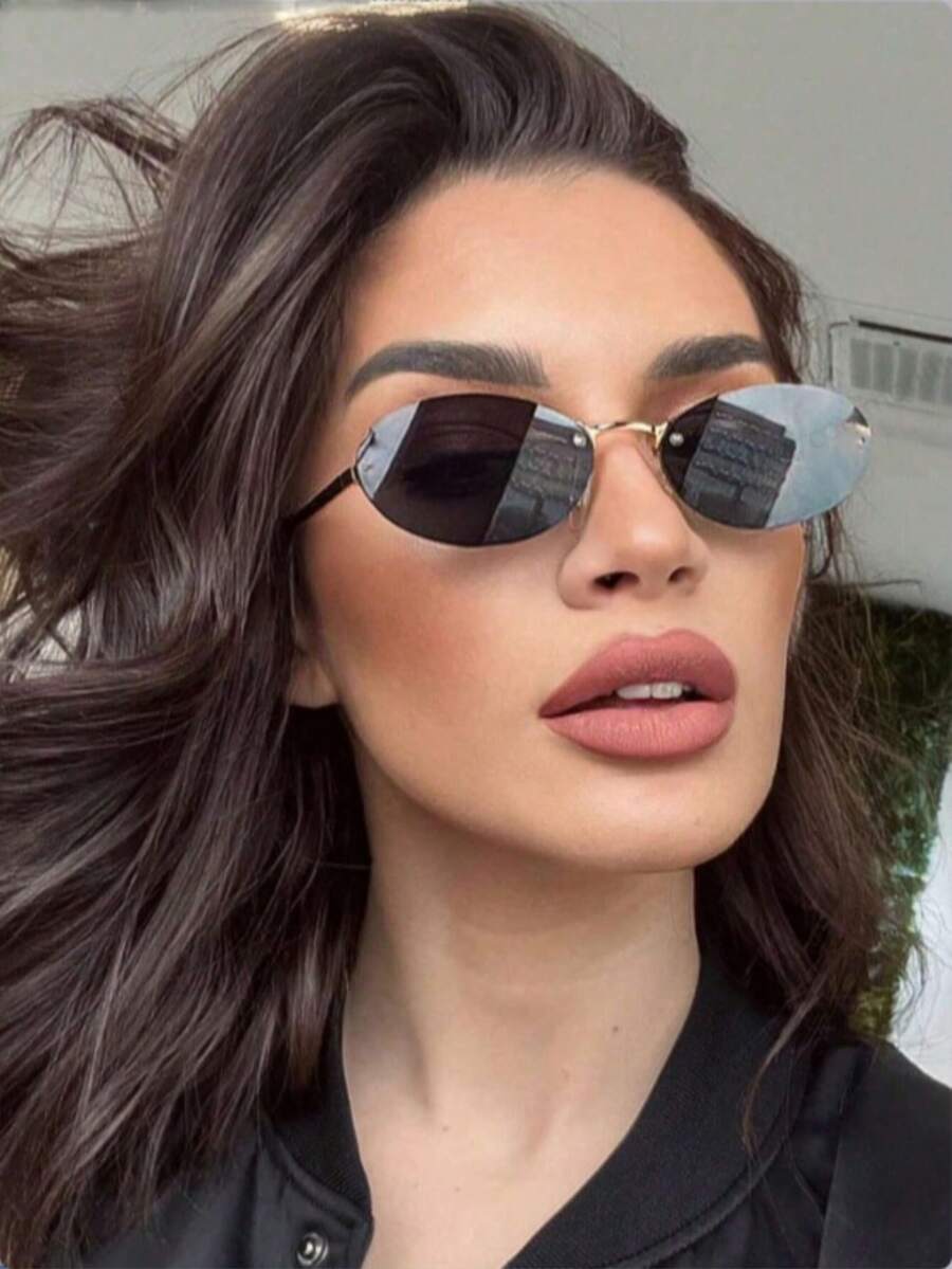 1 Pair Women's Oval Frameless Y2K Metal Fashion Designer Glasses ...