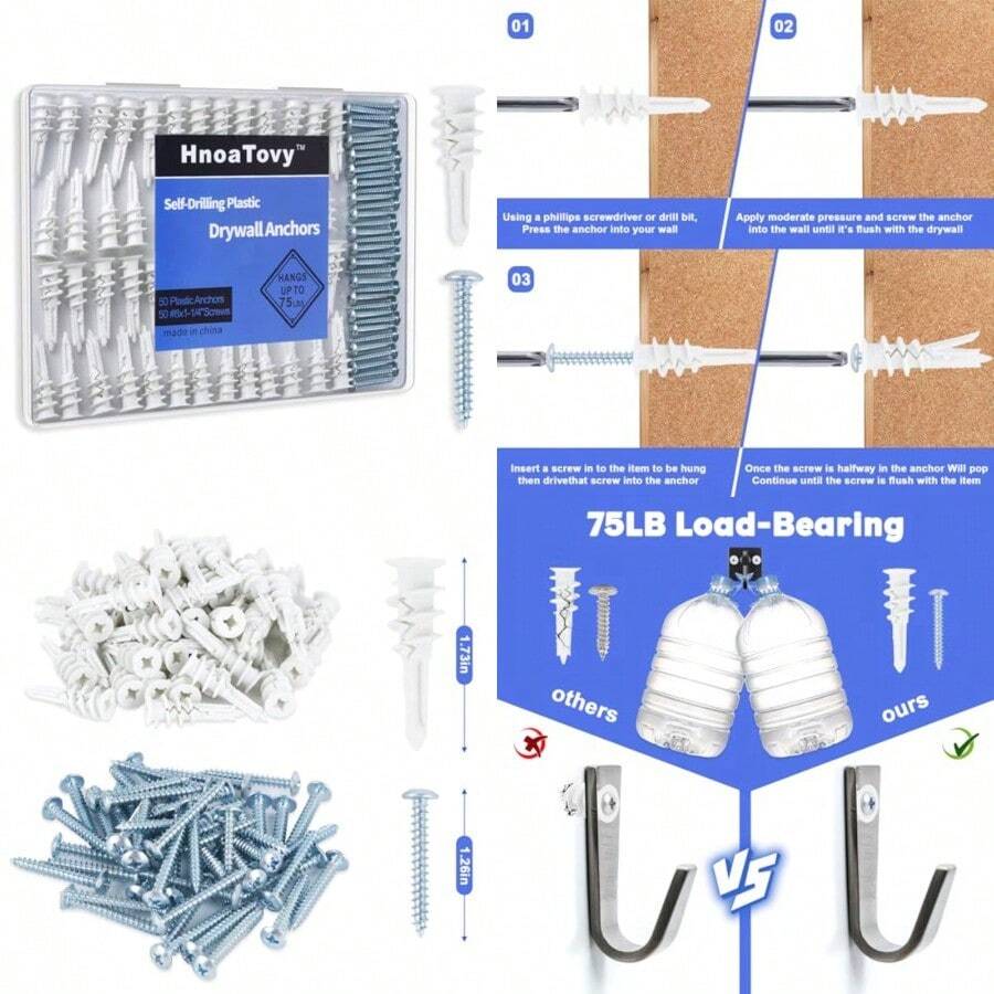 100PCS In 50 Sets Drywall Anchors And Premium Drywall Screws Wall ...