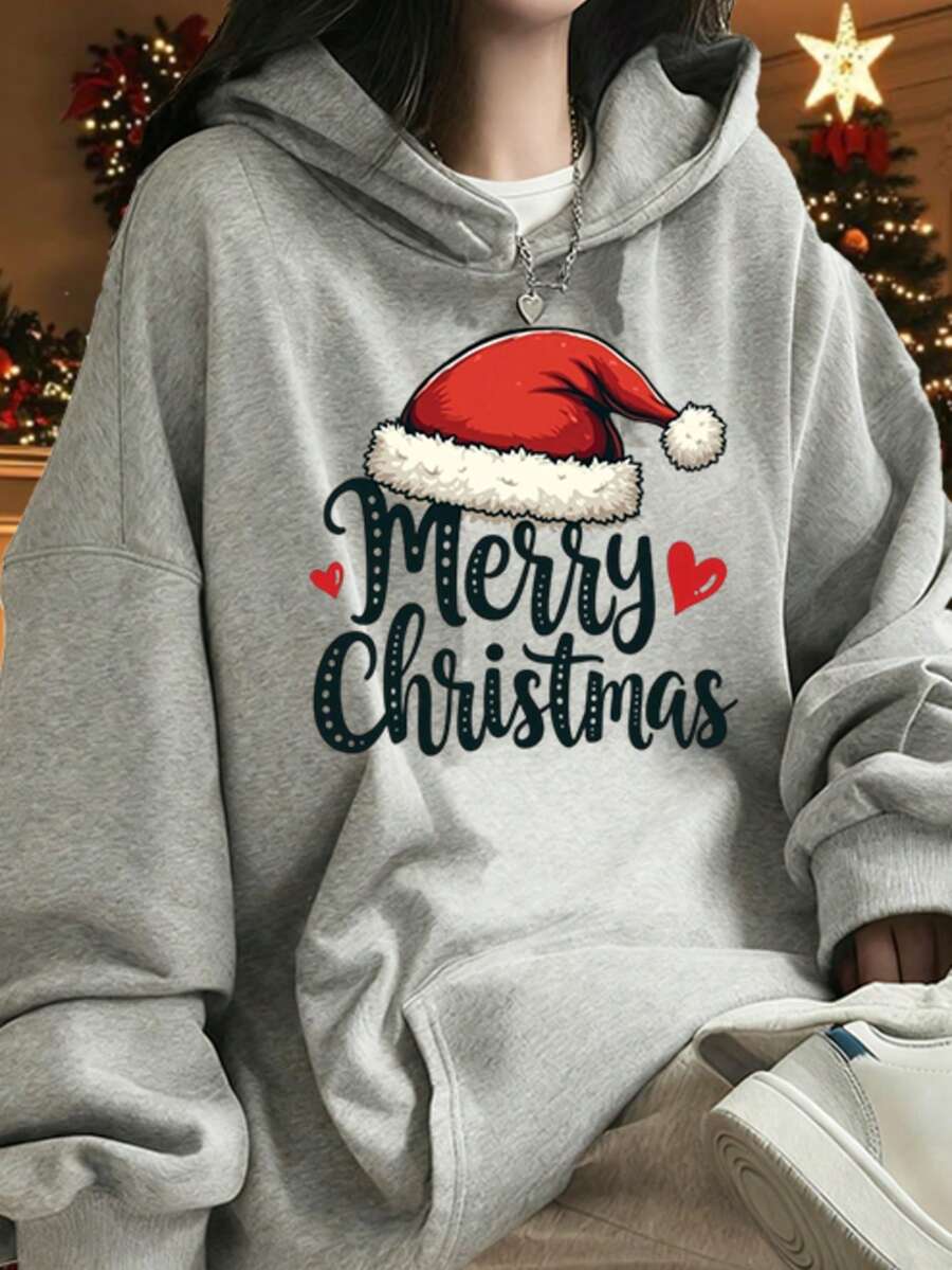 Hooded Sweatshirt With A Merry Christmas Lettering And Christmas Hat ...