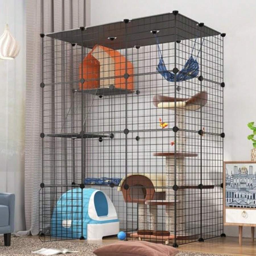 Enliansgo 4Tier Cat Cage Enclosure Large 111 * 75 * 146cm Metal Wire ...
