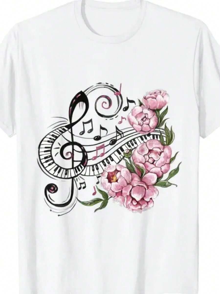 Piano Keys Notes And Flowers T Shirt | SHEIN UK